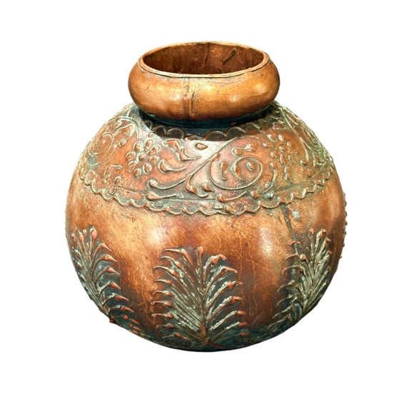 Accents | Raised Ornate Design Round Metal Vase Pot Brown Decorative ...